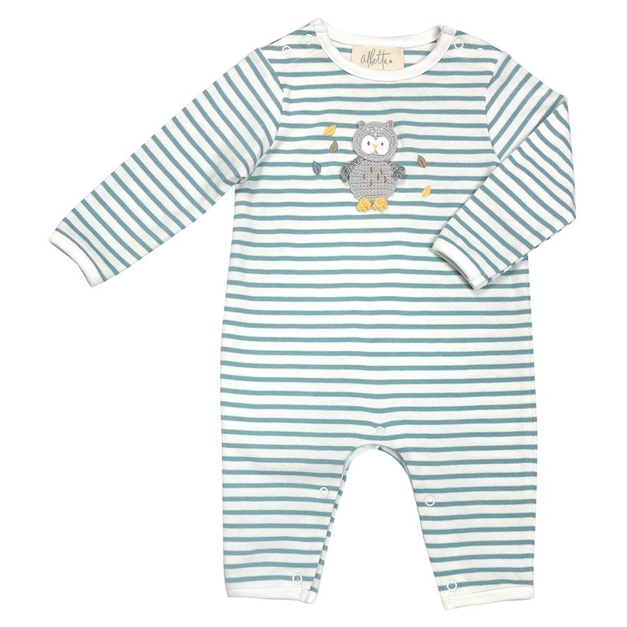 Albetta Crochet Oliver Owl Teal Stripe Babygro | At Portmeirion Online ...