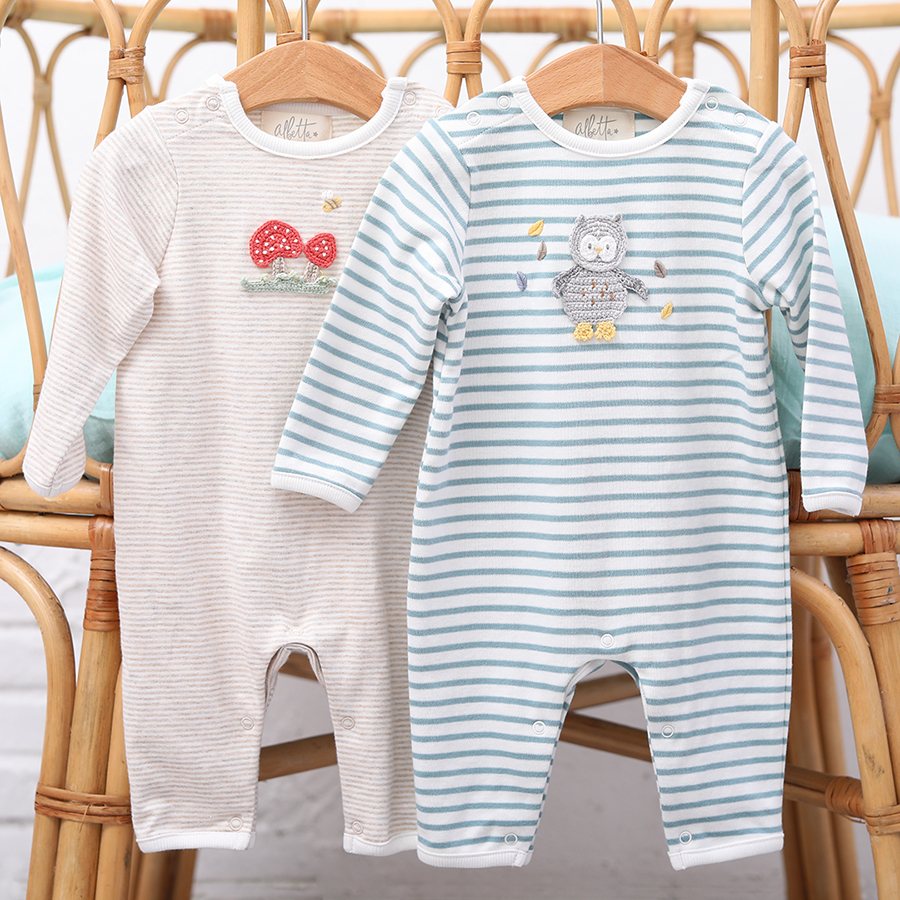 Albetta Crochet Oliver Owl Teal Stripe Babygro | At Portmeirion Online ...